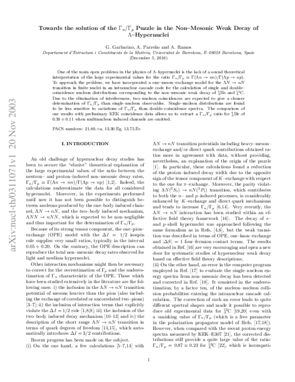 (PDF) Towards a solution of the Γn∕Γp puzzle in the nonmesonic weak decay of Λ hypernuclei