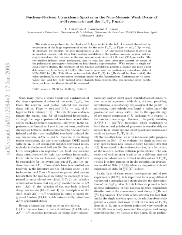 (PDF) Nucleon-Nucleon Coincidence Spectra in the Nonmesonic Weak Decay of Λ Hypernuclei and the ...