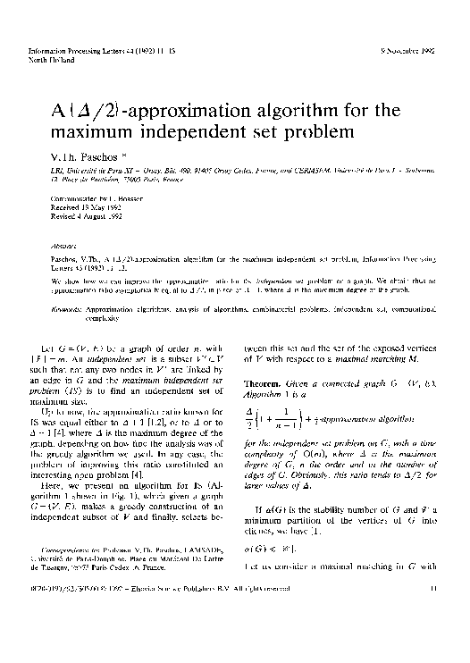 Pdf A ° 2 Approximation Algorithm For The Maximum Independent Set Problem