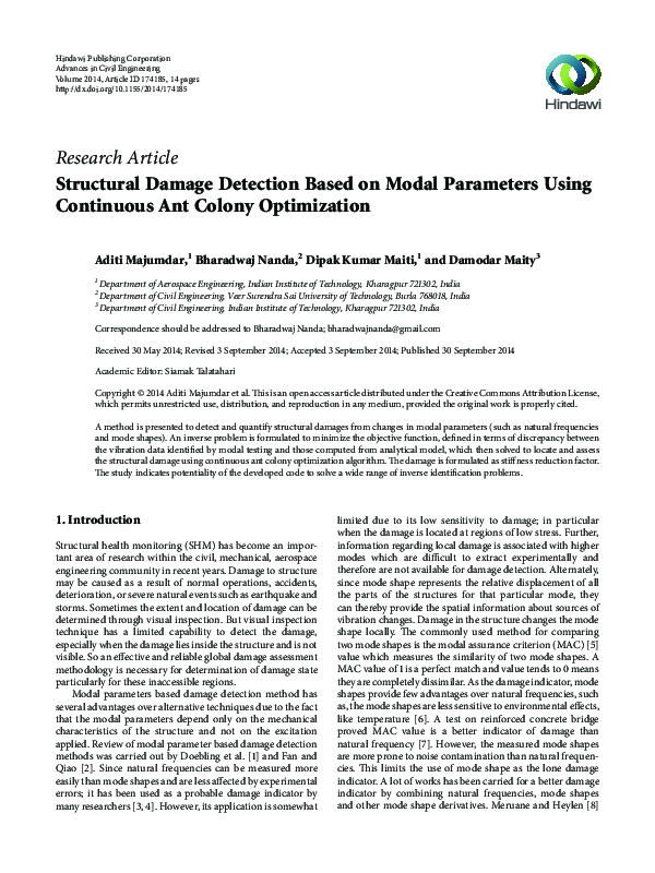 (PDF) Structural Damage Detection Based on Modal Parameters Using Continuous Ant Colony Optimization