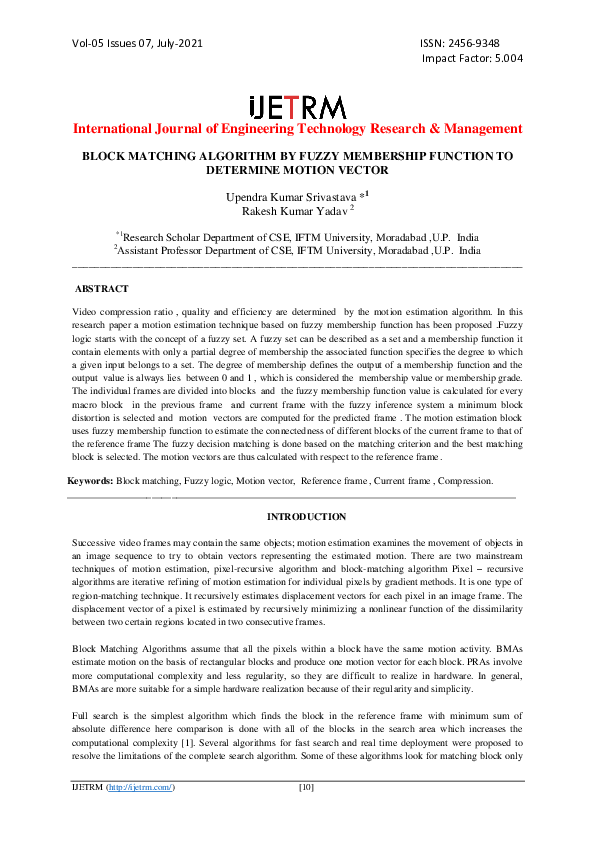Pdf Block Matching Algorithm By Fuzzy Membership Function To