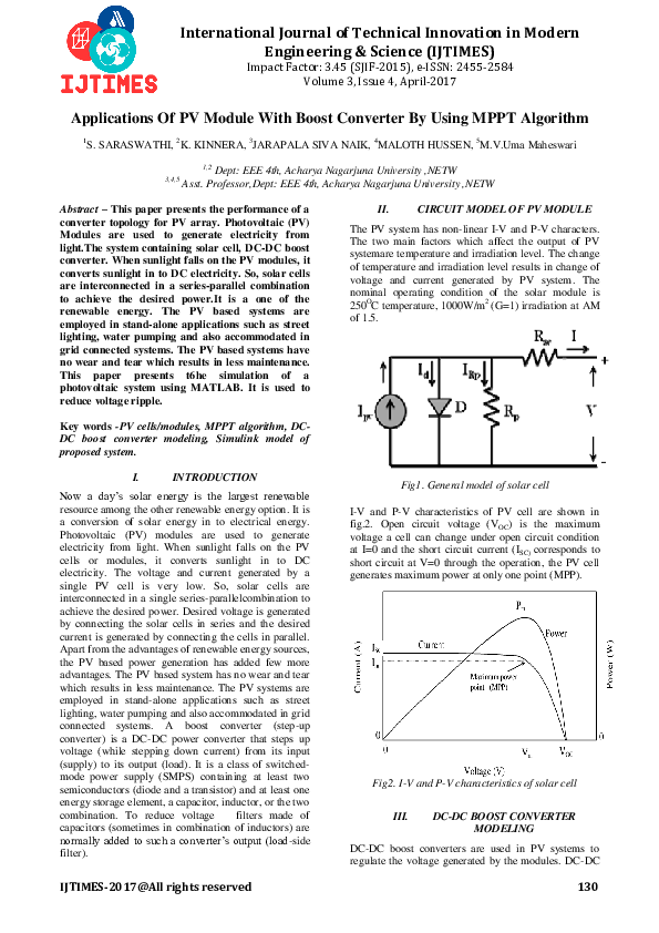 Pdf Applications Of Pv Module With Boost Converter By Using Mppt Algorithm