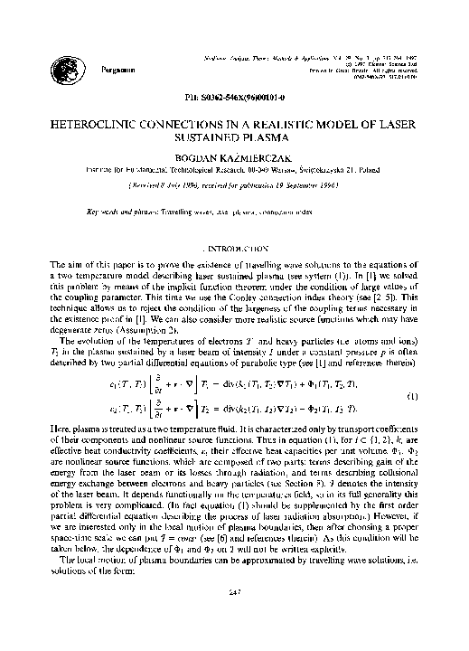 (PDF) Heteroclinic connections in a realistic model of laser sustained plasma