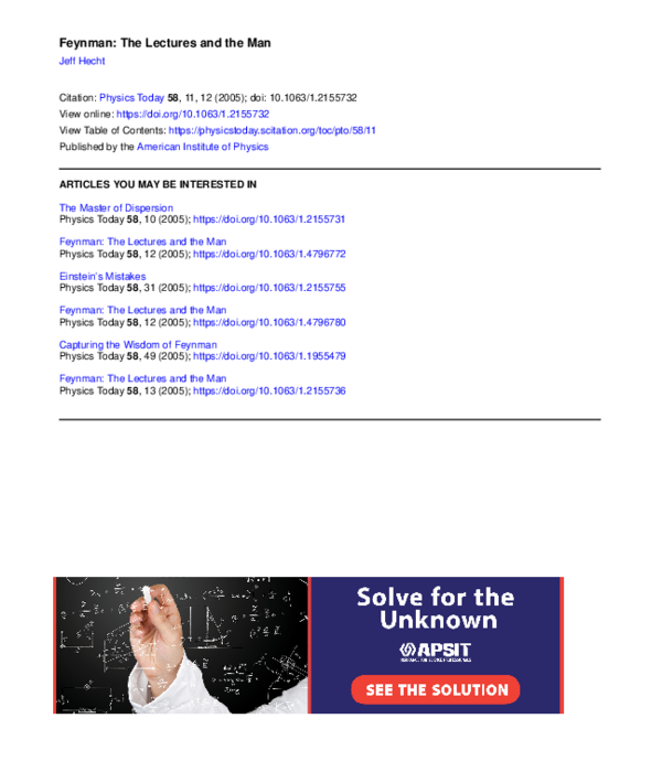 (PDF) Feynman: The Lectures and the Man