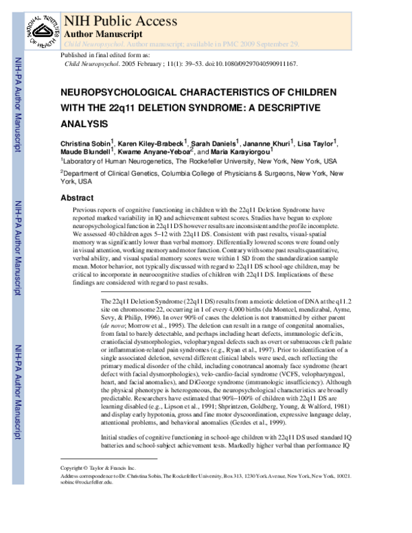 (PDF) Neuropsychological characteristics of children with the 22q11 deletion syndrome: a ...