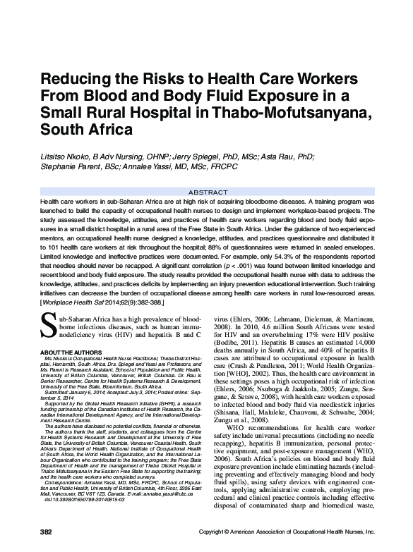 (PDF) Reducing the Risks to Health Care Workers From Blood and Body ...