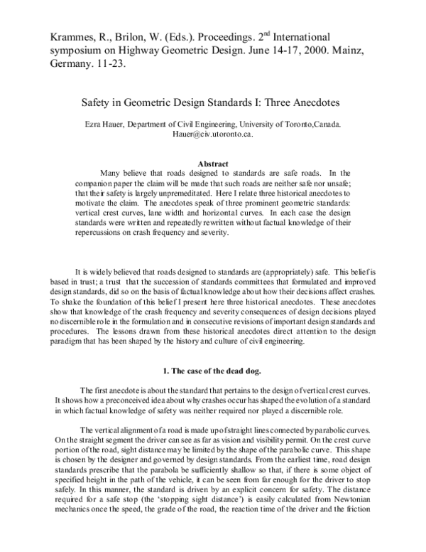 (PDF) Safety in Geometric Design, Paper I