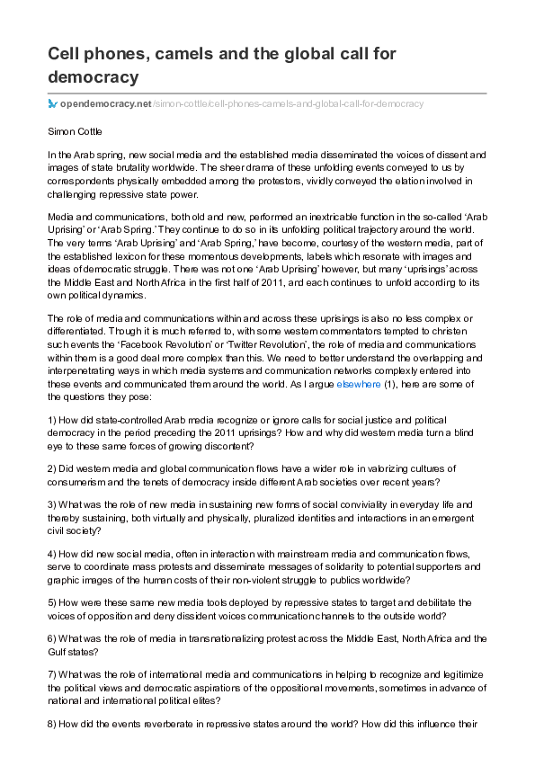 (PDF) Cell Phones, Camels and the Global Call for Democracy