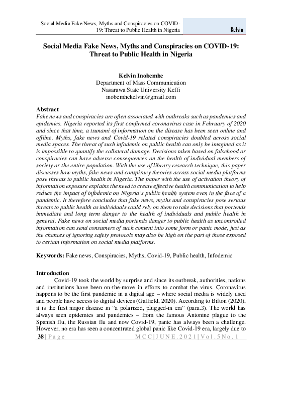 (PDF) Social Media Fake News, Myths and Conspiracies on COVID-19 ...