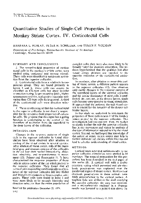 (PDF) Quantitative Studies of Single-Cell Properties in Monkey Striate Cortex. IV. Corticotectal ...