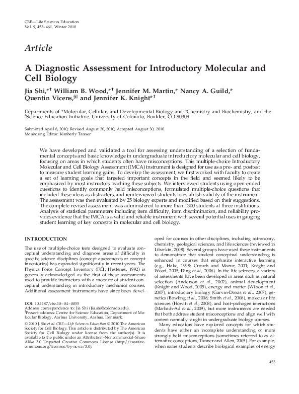 (PDF) A diagnostic assessment for introductory molecular and cell biology