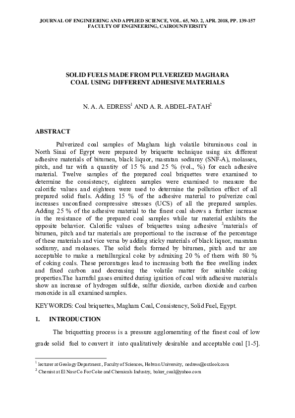 (PDF) SOLID FUELS MADE FROM PULVERIZED MAGHARA COAL USING DIFFERENT ADHESIVE MATERIALS