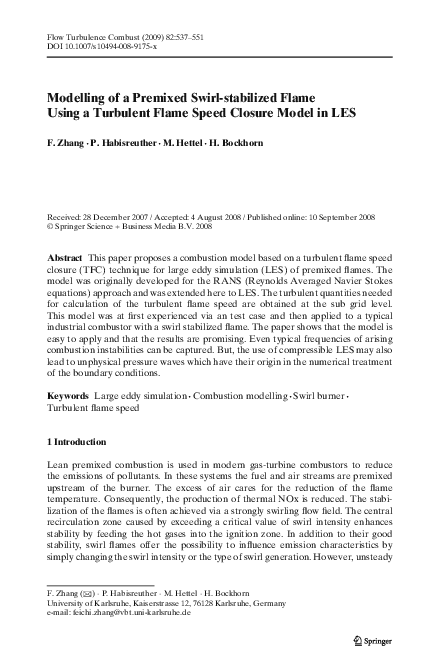 (PDF) Modelling of a Premixed Swirl-stabilized Flame Using a Turbulent Flame Speed Closure Model ...