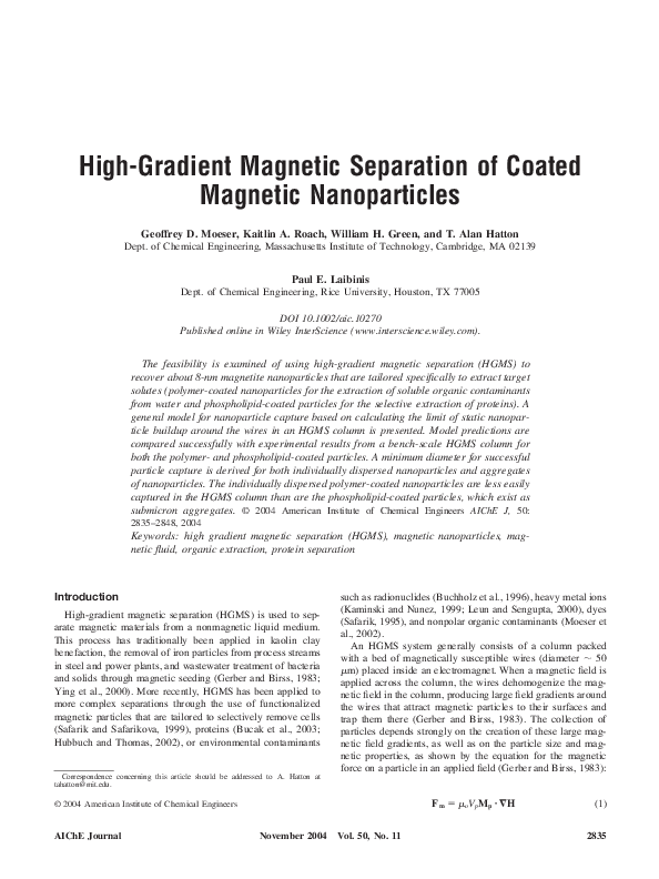 (PDF) High-gradient magnetic separation of coated magnetic nanoparticles