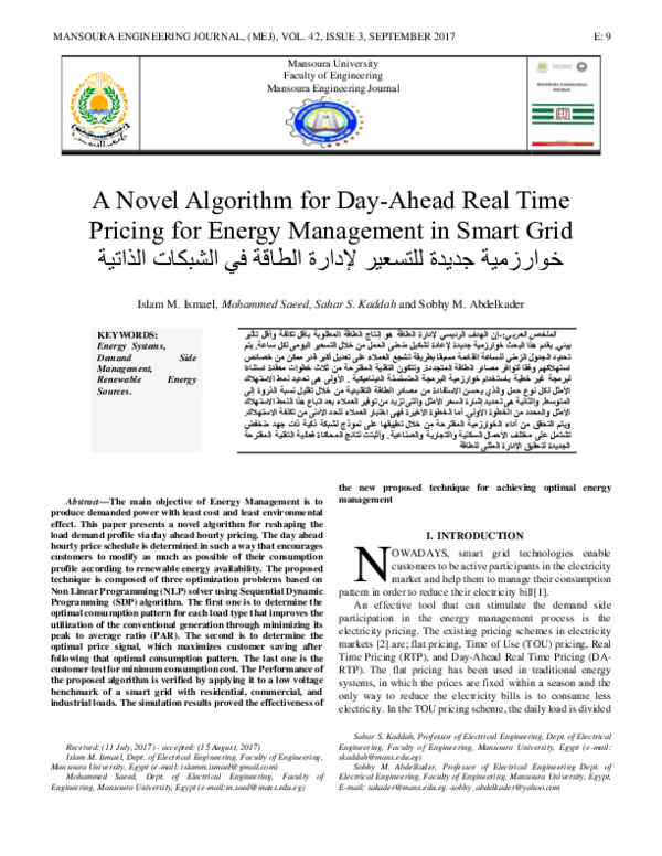 (PDF) A Novel Algorithm for Day-Ahead Real Time Pricing for Energy Management in Smart Grid