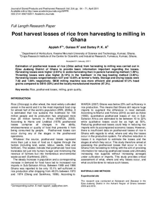 (PDF) Post harvest losses of rice from harvesting to milling in Ghana
