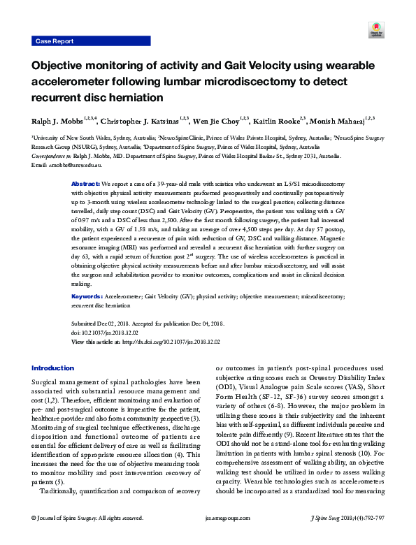 (PDF) Objective monitoring of activity and Gait Velocity using wearable ...