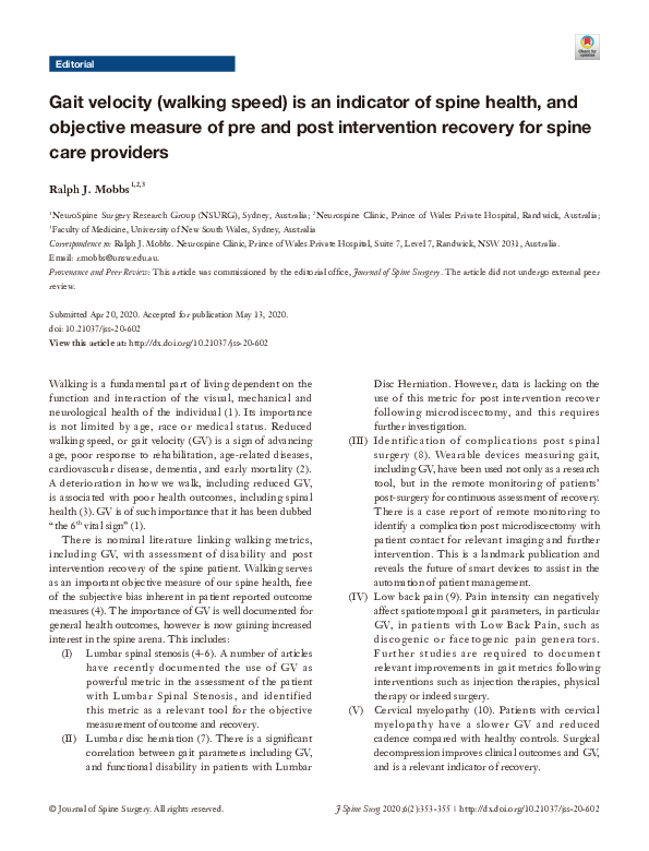 (PDF) Gait velocity (walking speed) is an indicator of spine health ...
