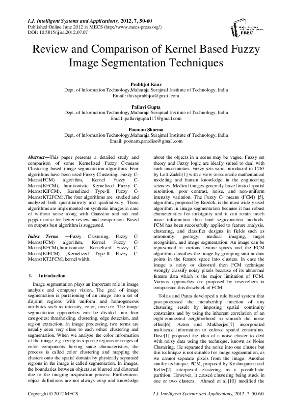 (PDF) Review and Comparison of Kernel Based Fuzzy Image Segmentation Techniques
