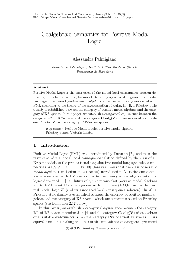 (PDF) Coalgebraic Semantics for Positive Modal Logic