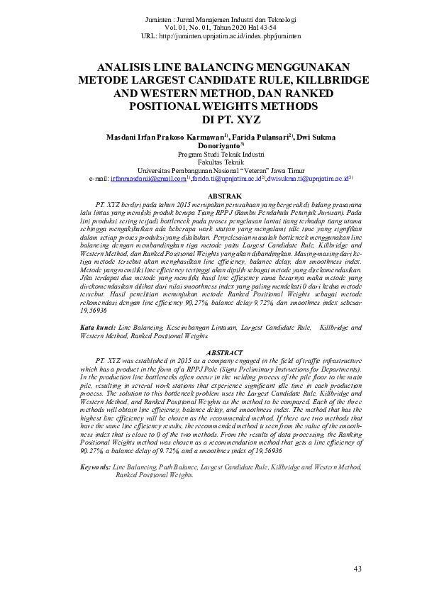 (PDF) Analisis Line Balancing Menggunakan Metode Largest Candidate Rule, Killbridge and Western ...