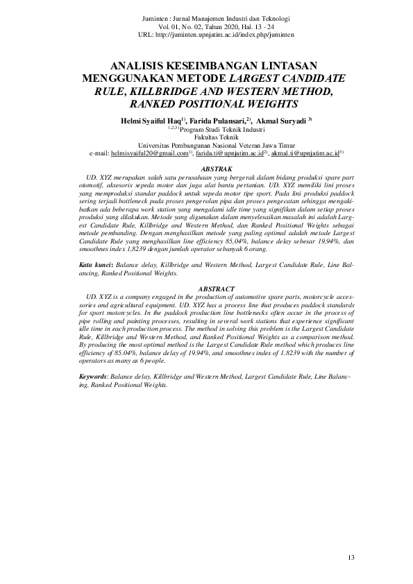 (PDF) Analisis Keseimbangan Lintasan Menggunakan Metode Largest Candidate Rule, Killbridge and ...