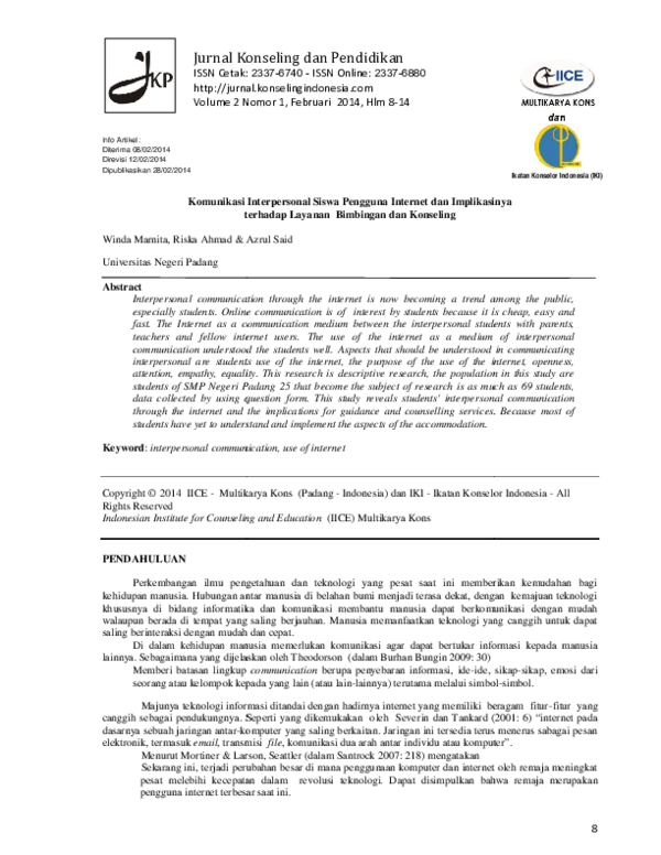 (PDF) Komunikasi Interpersonal Siswa Pengguna Internet dan Implikasinya terhadap Layanan ...