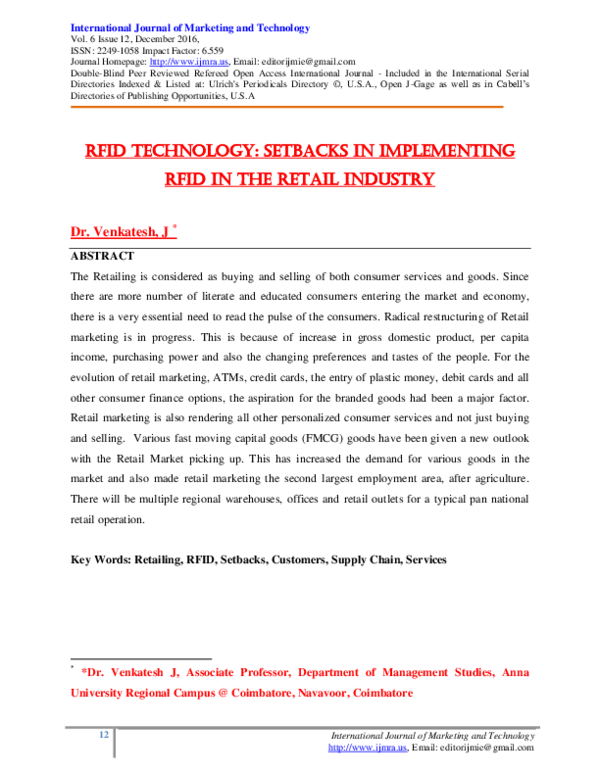 (PDF) RFID TECHNOLOGY: SETBACKS IN IMPLEMENTING RFID IN THE RETAIL INDUSTRY