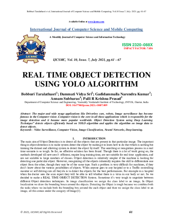 (PDF) REAL TIME OBJECT DETECTION USING YOLO ALGORITHM﻿
