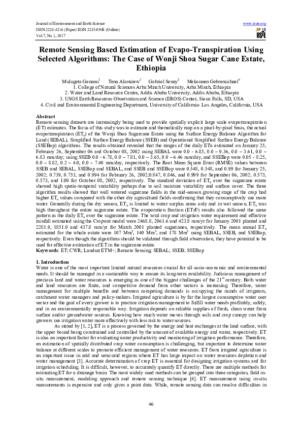 (PDF) Remote Sensing Based Estimation of Evapo-Transpiration Using Selected Algorithms: The Case ...