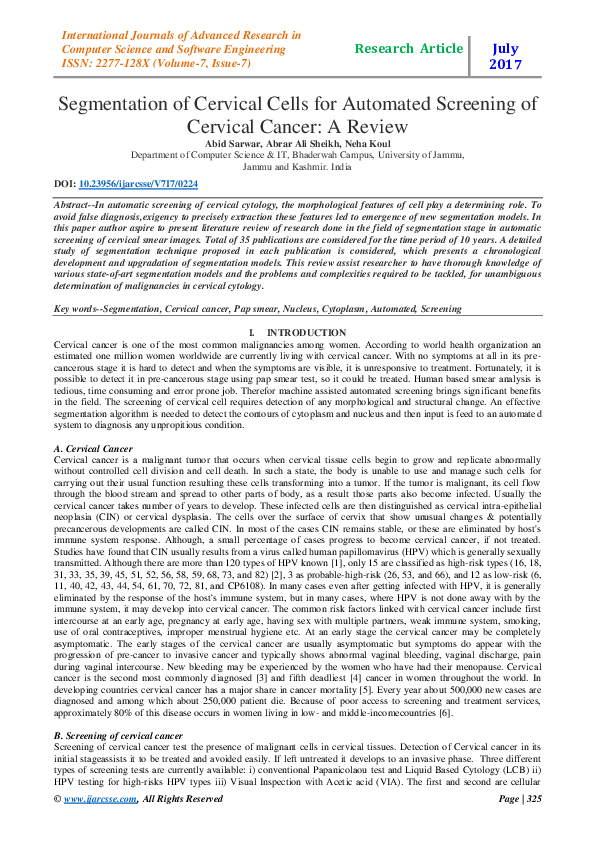 (PDF) Segmentation of Cervical Cells for Automated Screening of Cervical Cancer: A Review
