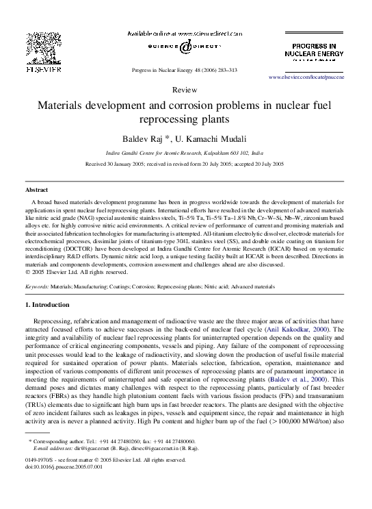 (PDF) Materials development and corrosion problems in nuclear fuel reprocessing plants