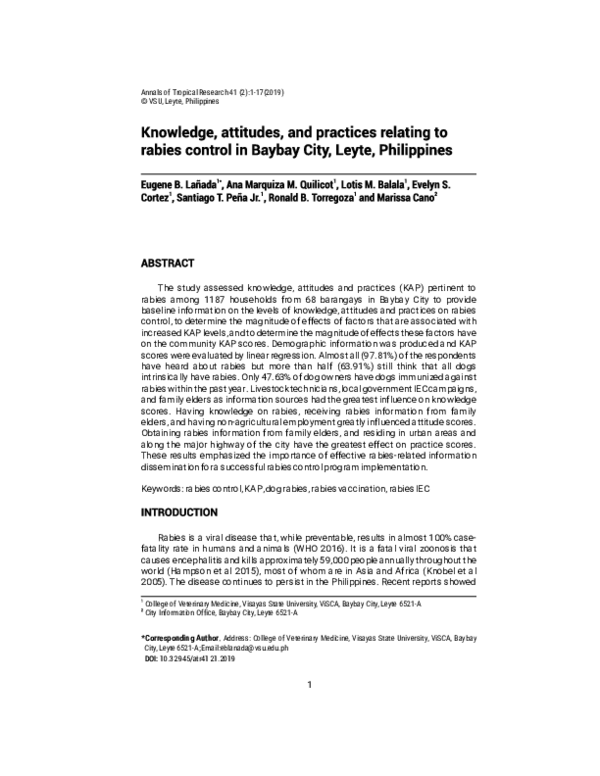 (PDF) Knowledge, attitudes, and practices relating to rabies control in Baybay City, Leyte ...