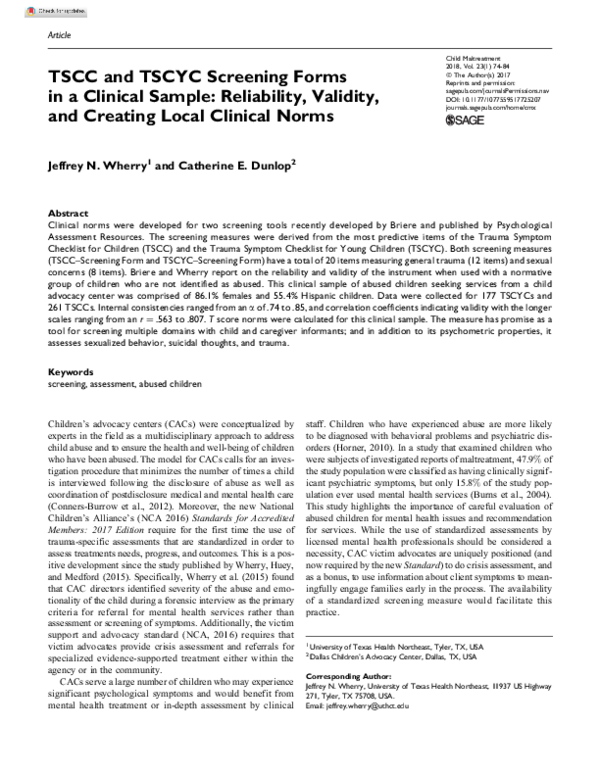 (PDF) TSCC and TSCYC Screening Forms in a Clinical Sample: Reliability, Validity, and Creating ...
