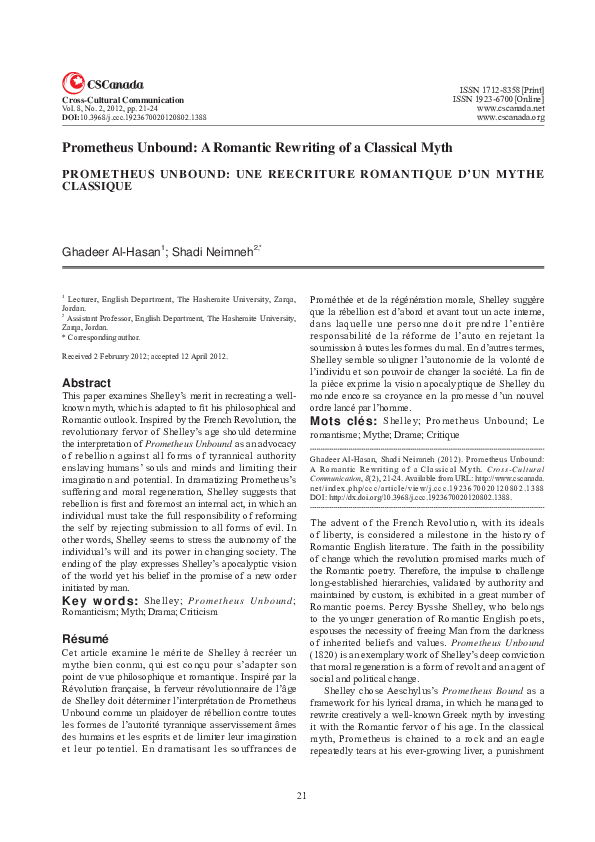 (PDF) Prometheus Unbound: A Romantic Rewriting of a Classical Myth ...