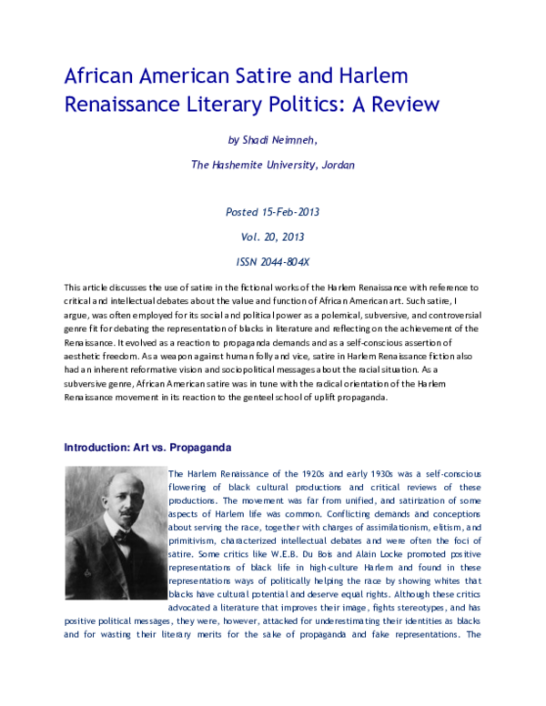 (PDF) African American Satire and Harlem Renaissance Literary Politics ...