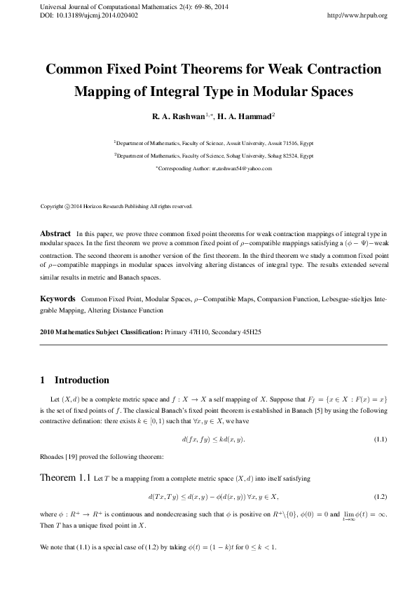 Pdf Common Fixed Point Theorems For Weak Contraction Mapping Of Integral Type In Modular Spaces