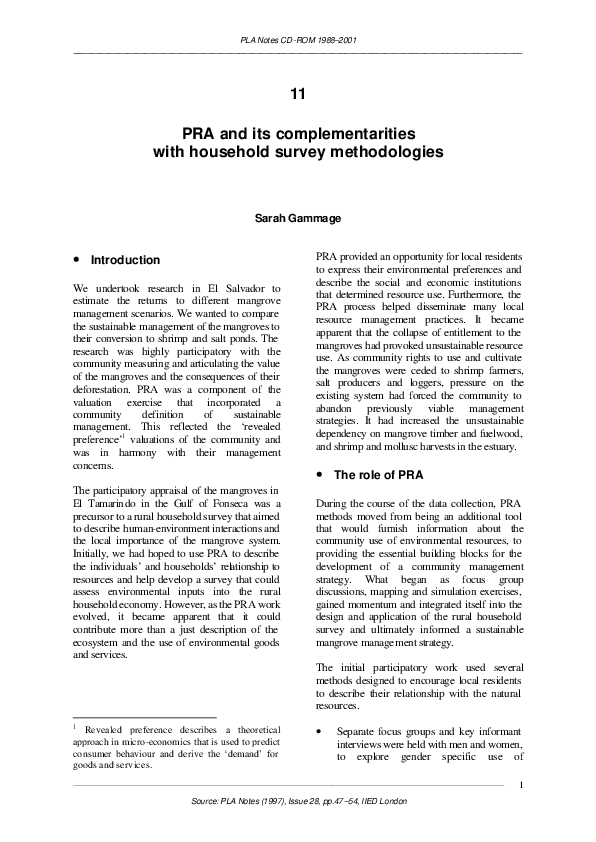 (PDF) PRA and its complementarities with household survey methodologies