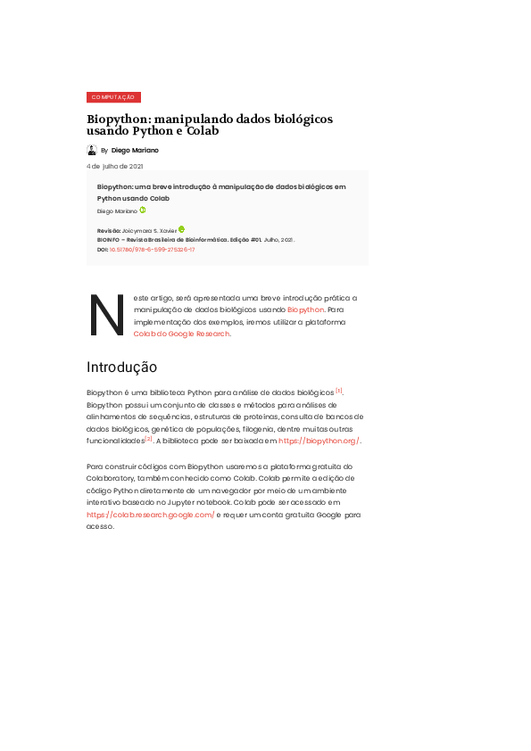 (PDF) Biopython: manipulando dados biológicos usando Python e Colab