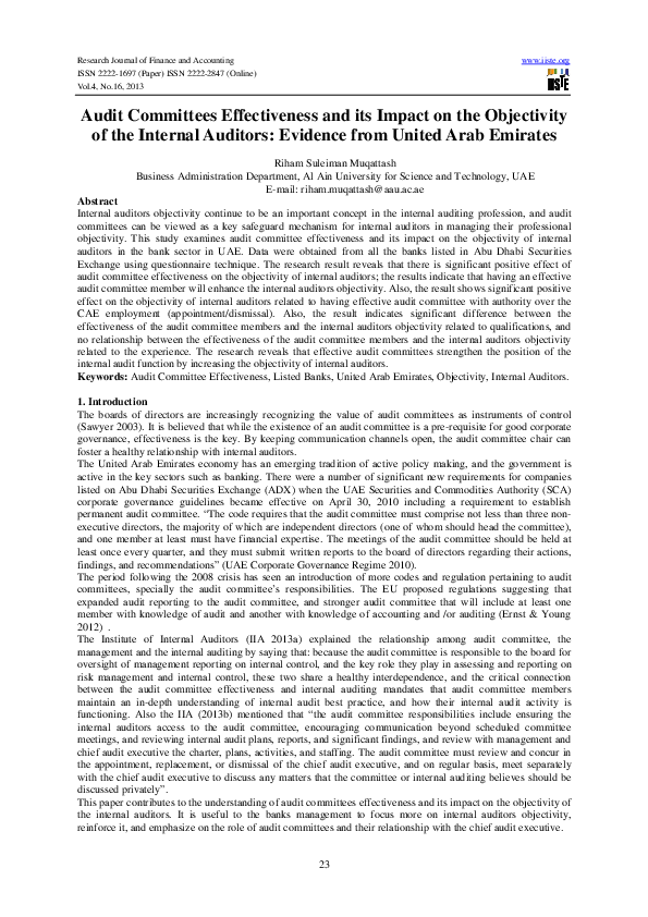 (PDF) Audit Committees Effectiveness and its Impact on the Objectivity of the Internal Auditors ...