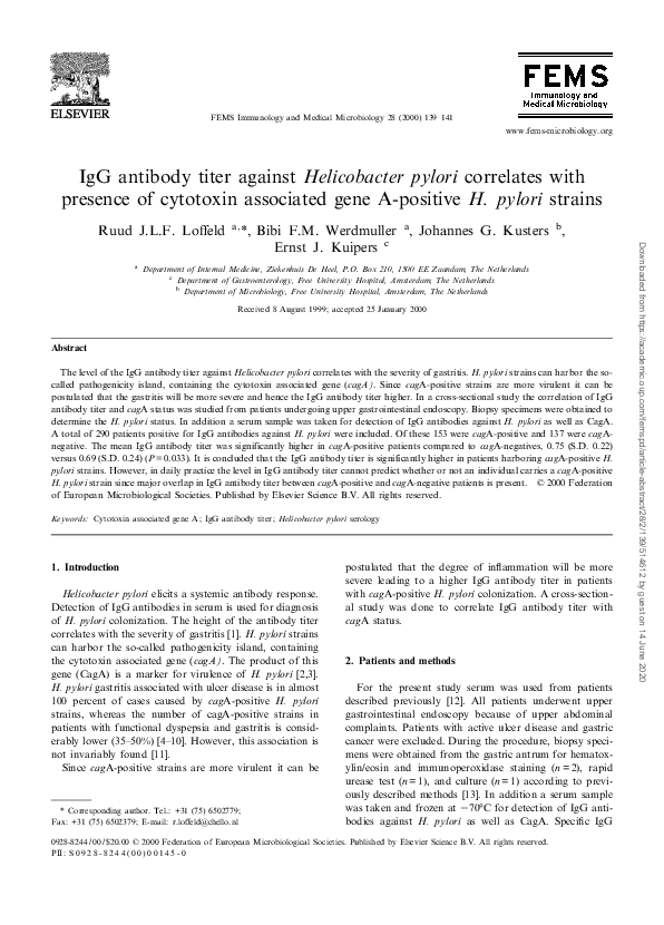 (PDF) IgG antibody titer against Helicobacter pylori correlates with ...