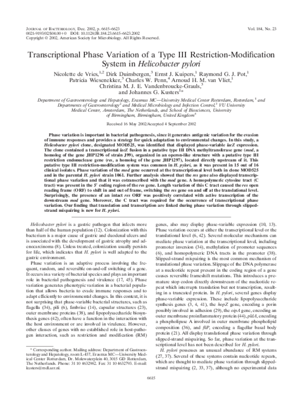 (PDF) Transcriptional Phase Variation of a Type III Restriction ...