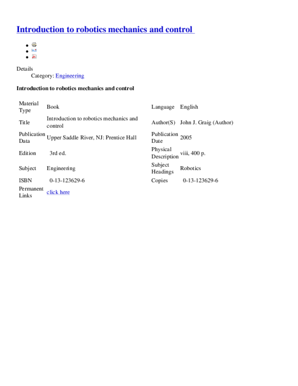 (PDF) Introduction to robotics: mechanics and control