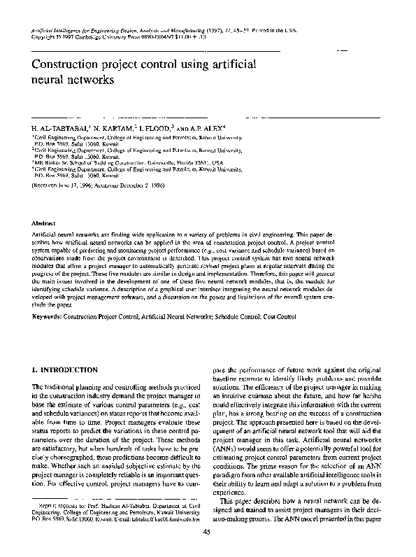 Pdf Construction Project Control Using Artificial Neural Networks