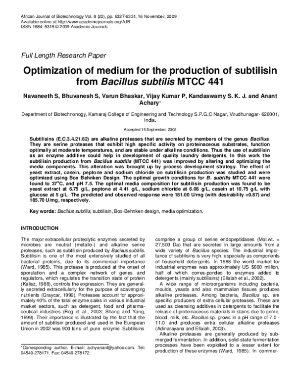 (PDF) 7. Optimization of medium for the production of subtilisin from Bacillus subtilis MTCC 441