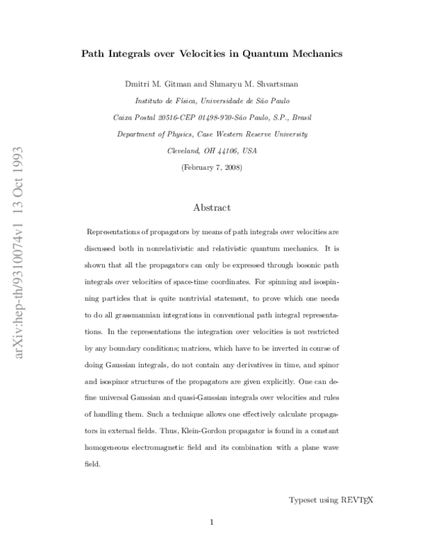 (PDF) Path integrals over velocities in quantum mechanics