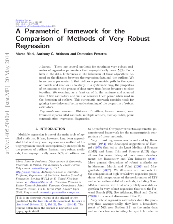 (PDF) A Parametric Framework for the Comparison of Methods of Very Robust Regression