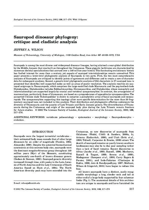 (PDF) Sauropod dinosaur phylogeny: critique and cladistic analysis (PDF) Sauropod dinosaur phylogeny: critique and cladistic analysis