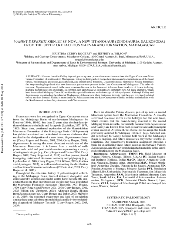 (PDF) Vahiny depereti , gen. et sp. nov., a new titanosaur (Dinosauria ...