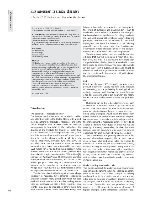 (PDF) Risk assessment in clinical pharmacy